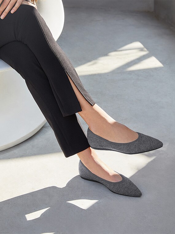 Aria Wool Pointy Flats in Rich Grey-Sustainable & Washable | VIVAIA