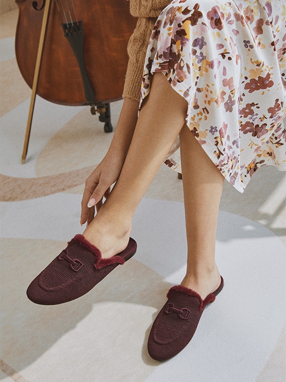 Erica Round-toe Fluffy Mules in Bordeaux Red-Sustainable & Stylish | VIVAIA