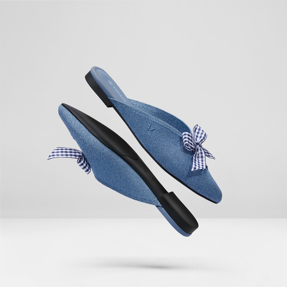 Molly Pointed-Toe Bow Sustainable Mules in Grey Blue | VIVAIA
