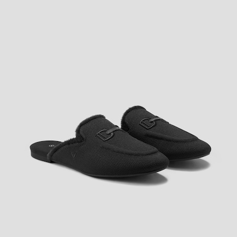 Erica Round-toe Fluffy Mules in Black-Sustainable & Stylish | VIVAIA